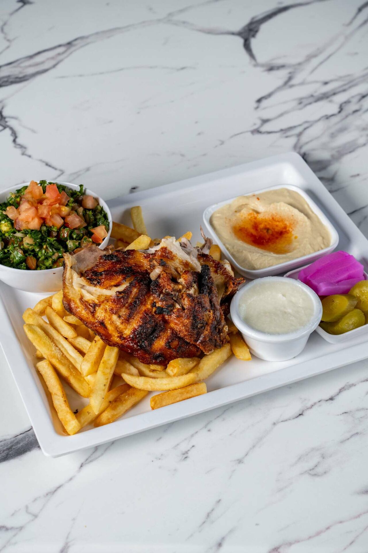 Quarter Chicken with Chips, Hommus & Tabouli - La Mono